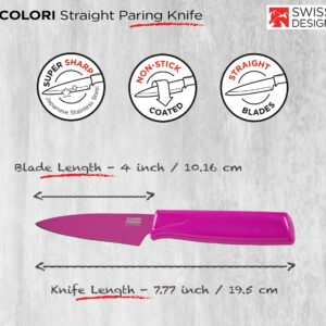 Kuhn Rikon Colori Non-Stick Straight Paring Knife with Safety Sheath, 4 inch/10.16 cm Blade, Dragon Fruit