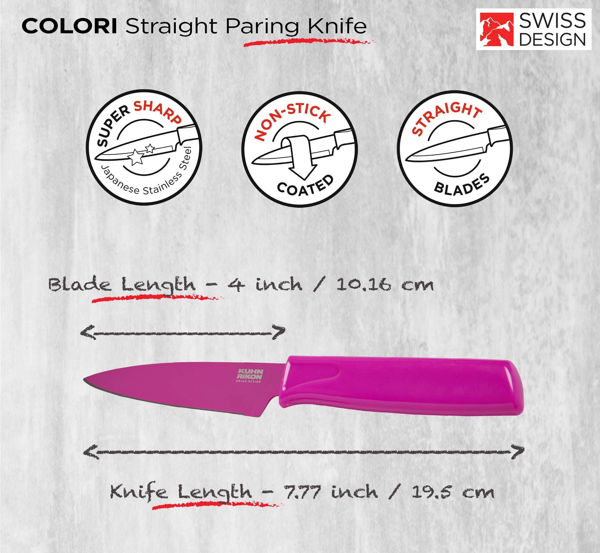 Kuhn Rikon Colori Non-Stick Straight Paring Knife with Safety Sheath, 4 inch/10.16 cm Blade, Dragon Fruit