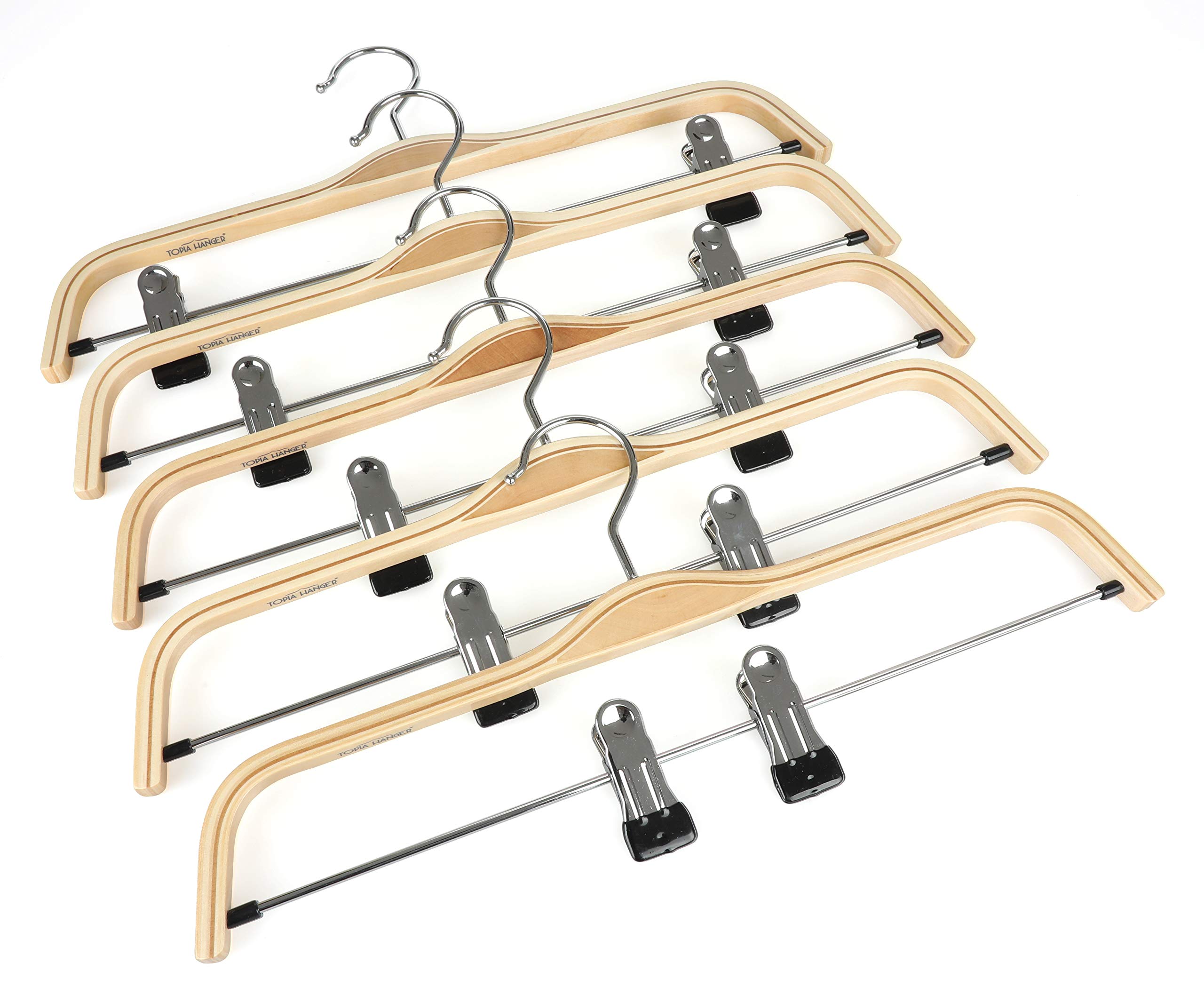 TOPIA HANGER Wooden Pants Hangers,Slim Natural Wood Skirt Hangers with Anti-Rust Hook and Adjustable Metal Clips, Perfect for Skirts, Pants, Slacks-10 Pack-CT17N