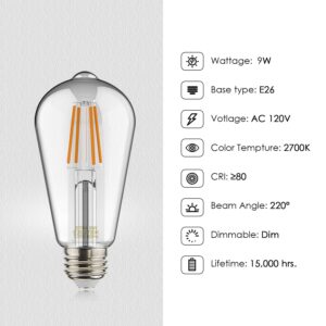 helloify ST64 LED Filament Bulbs, 100W Equivalent, Edison Vintage Dimmable Energy Efficient Lamp for Pendant Wall Light Fixtures Office Bedroom Bathroom, E26 Base, Warm White 2700K, 4PCS