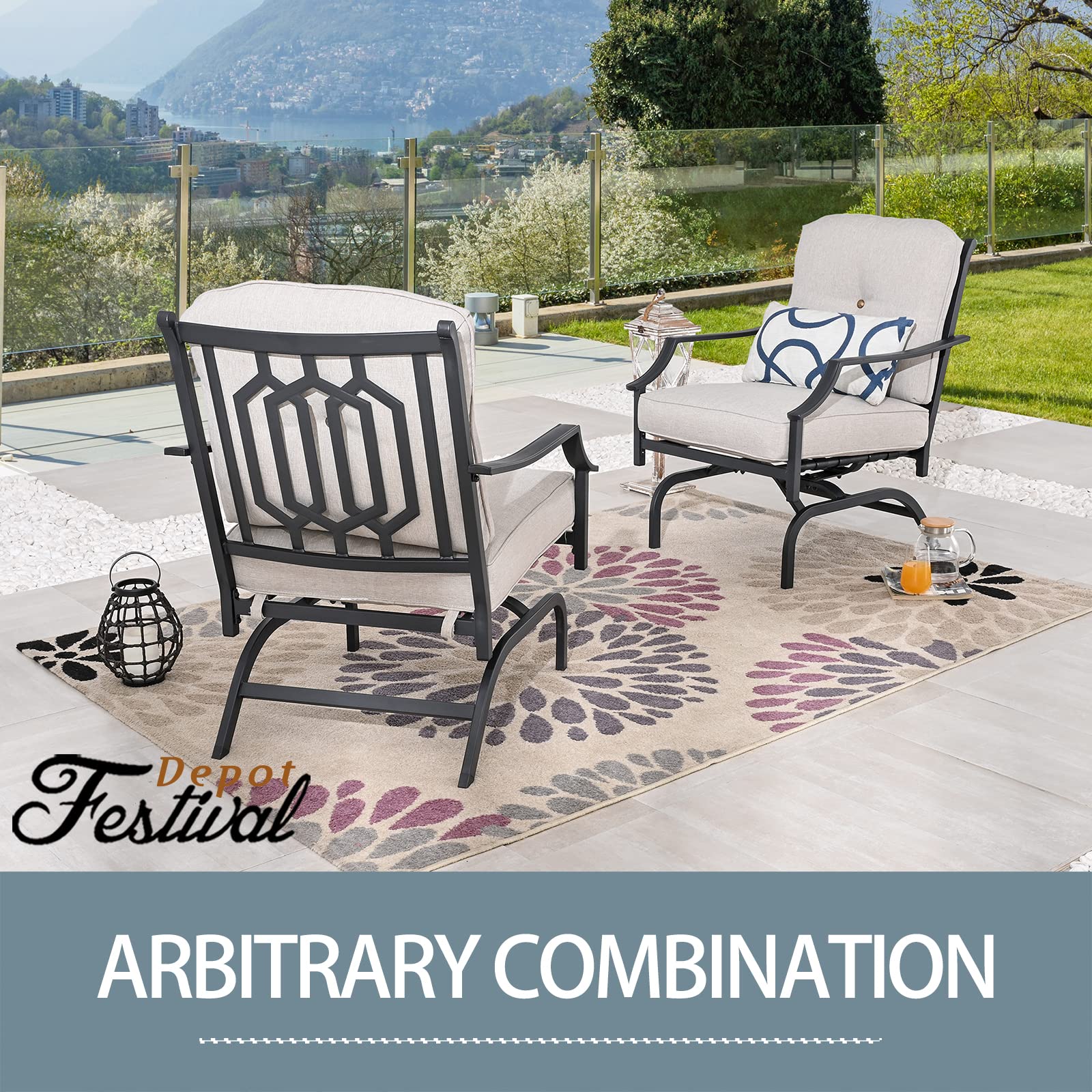 Festival Depot Patio Set of 2 Metal Dining Chairs with Thick Cushions Outdoor Furniture for Bistro Deck Garden (Beige)