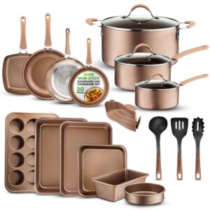 nutrichef 20-piece nonstick kitchen cookware set - pfoa/pfos-free heat resistant lacquer kitchenware w/ bakeware, frying pans, cooking pots, utensils