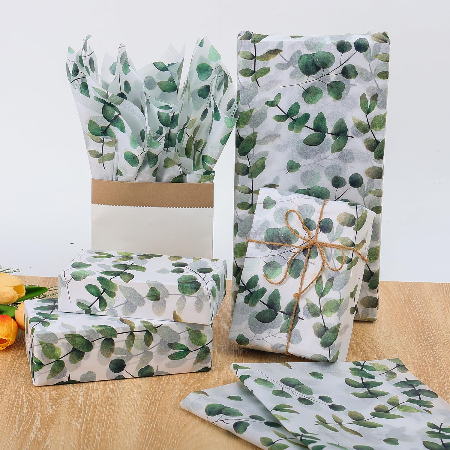 TINYFUTURE 100 Sheets Eucalyptus Gift Wrapping Tissue Paper Recyclable Greenery Botanical Packaging Bag for Wedding Birthday Showers Art Craft Party Favor Decoration