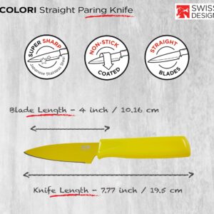 Kuhn Rikon Colori Non-Stick Straight Paring Knife with Safety Sheath, 4 inch/10.16 cm Blade, Lemon