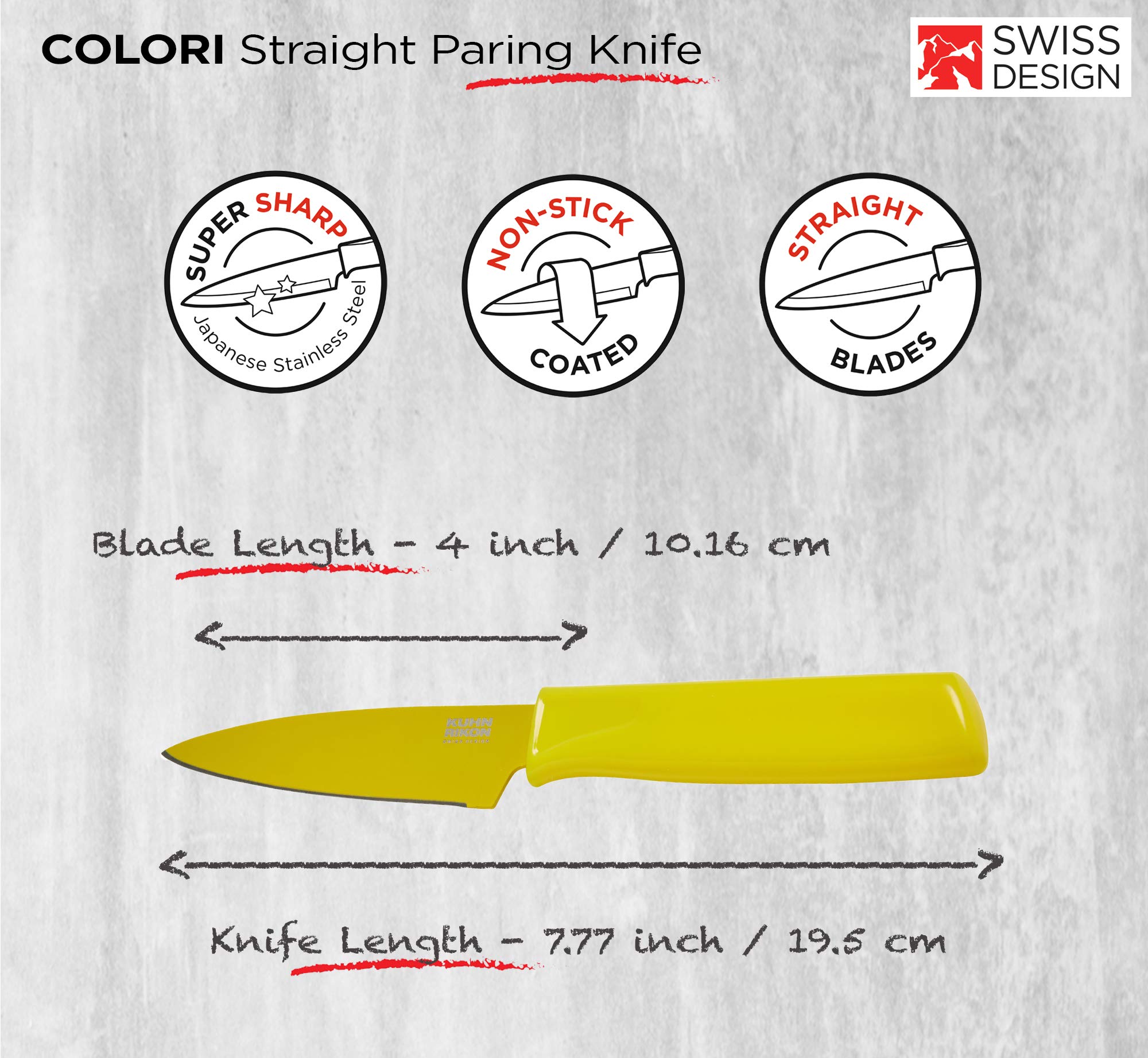 Kuhn Rikon Colori Non-Stick Straight Paring Knife with Safety Sheath, 4 inch/10.16 cm Blade, Lemon