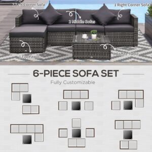 Outsunny 6 Piece Patio Furniture Set Outdoor Wicker Conversation Set All Weather PE Rattan Sectional Sofa Set with Ottoman, Cushions and Tempered Glass Table, Mixed Gray and Gray