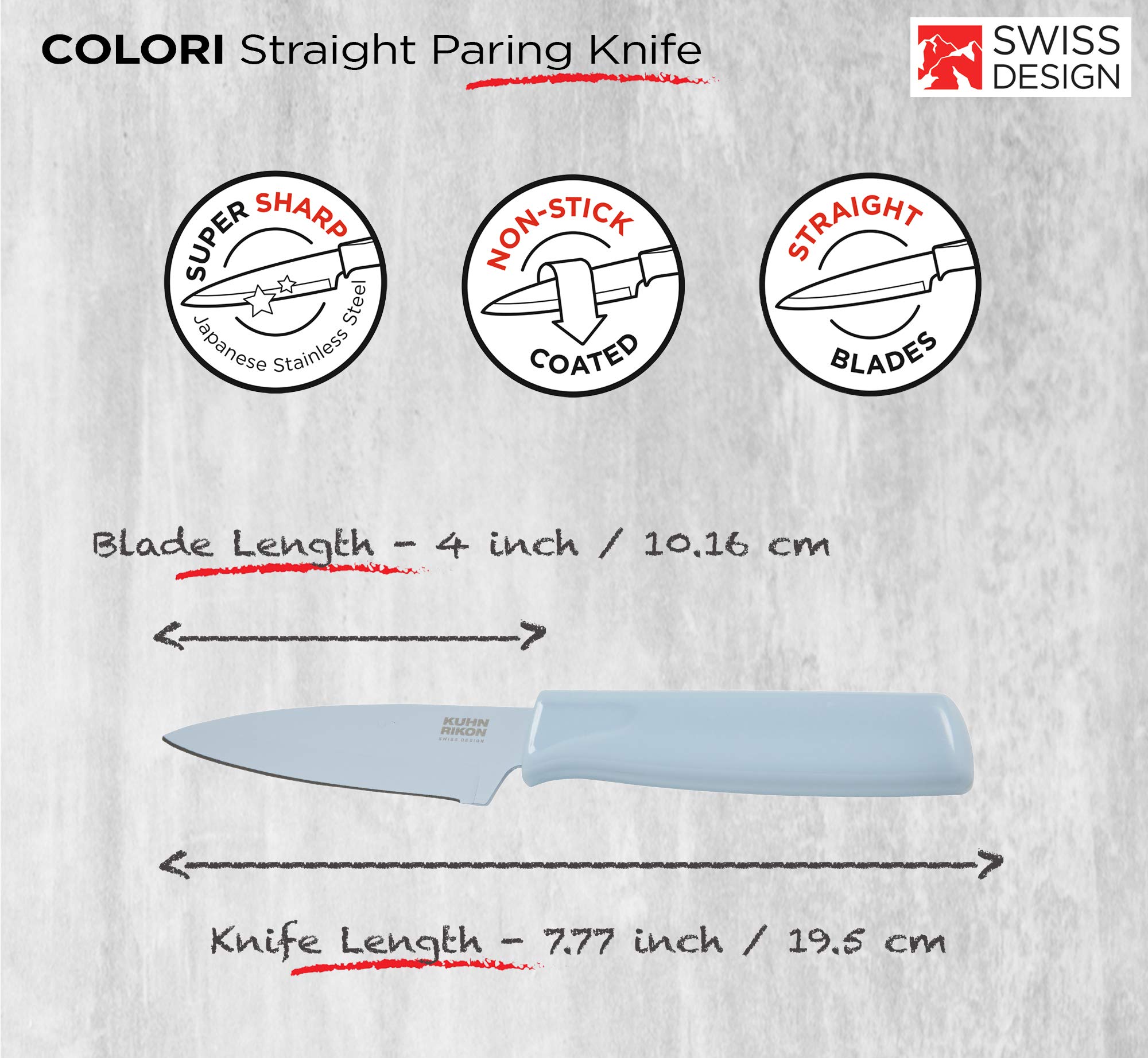 Kuhn Rikon Colori Non-Stick Straight Paring Knife with Safety Sheath, 4 inch/10.16 cm Blade, Sea Salt