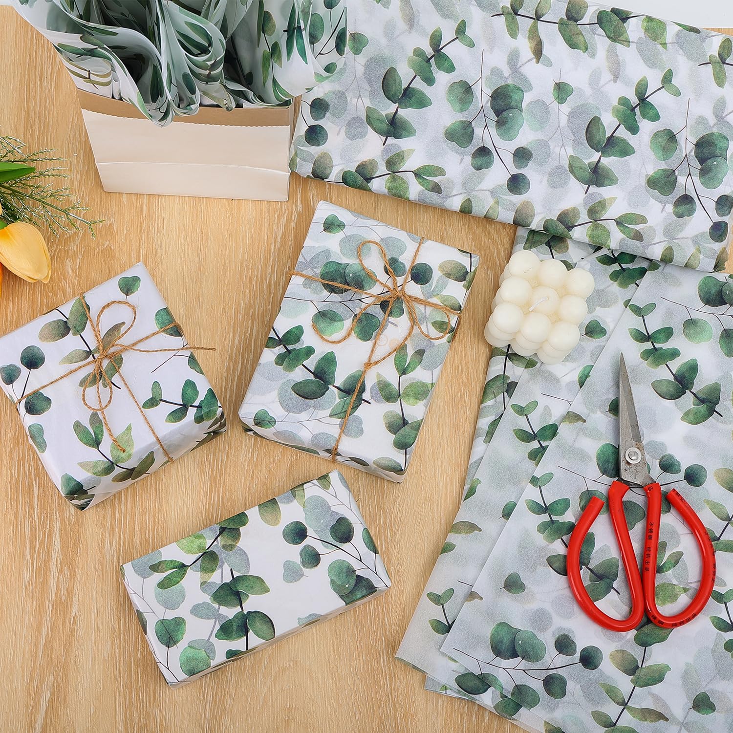 TINYFUTURE 100 Sheets Eucalyptus Gift Wrapping Tissue Paper Recyclable Greenery Botanical Packaging Bag for Wedding Birthday Showers Art Craft Party Favor Decoration