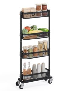 songmics slim storage cart, 4-tier metal rolling cart with wheels, flexible baskets, narrow cart for kitchen, bathroom, laundry room, easy assembly, black ubsc065b01