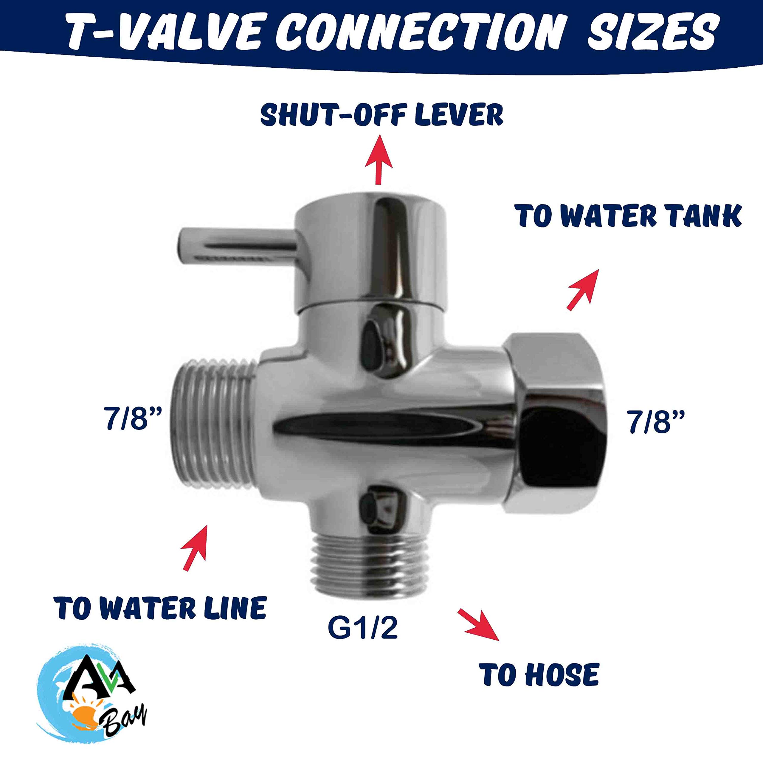 AVAbay All Brass T-Valve with Shut-Off Adapter, 3-Way Tee Connector with Chrome Finish, 3-Way T-Adapter with Shut Off Valve, T Adapter for Handheld Toilet Bidet Spray, 7/8"×7/8"×G1/2