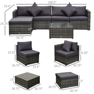 Outsunny 6 Piece Patio Furniture Set Outdoor Wicker Conversation Set All Weather PE Rattan Sectional Sofa Set with Ottoman, Cushions and Tempered Glass Table, Mixed Gray and Gray