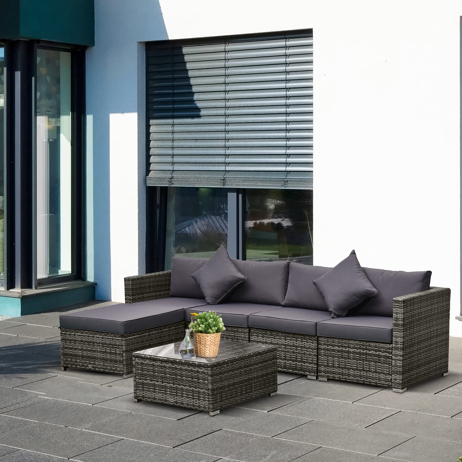 Outsunny 6 Piece Patio Furniture Set Outdoor Wicker Conversation Set All Weather PE Rattan Sectional Sofa Set with Ottoman, Cushions and Tempered Glass Table, Mixed Gray and Gray