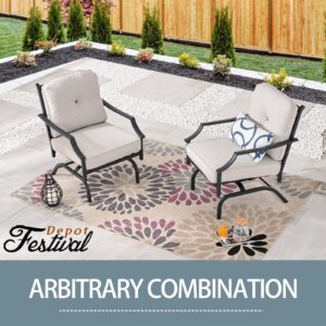 Festival Depot Patio Set of 2 Metal Dining Chairs with Thick Cushions Outdoor Furniture for Bistro Deck Garden (Beige)