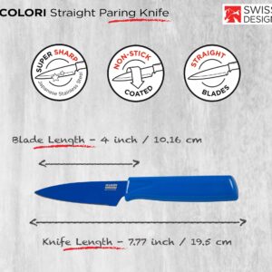 Kuhn Rikon Colori Non-Stick Straight Paring Knife with Safety Sheath, 4 inch/10.16 cm Blade, Blueberry