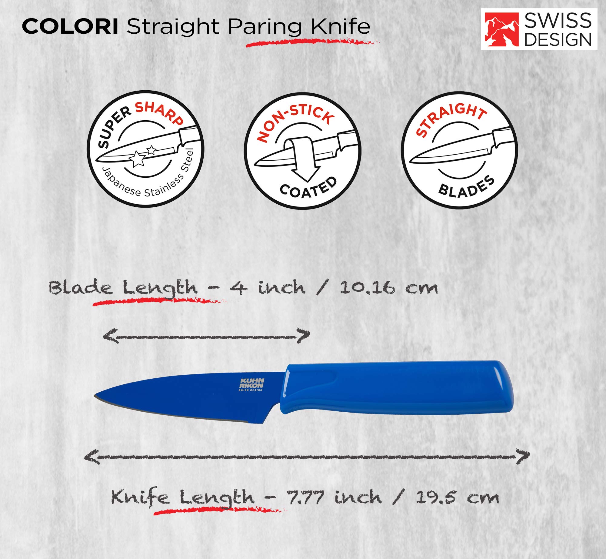 Kuhn Rikon Colori Non-Stick Straight Paring Knife with Safety Sheath, 4 inch/10.16 cm Blade, Blueberry