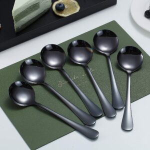 Black Soup Spoons, Kyraton 6 Pieces Stainless Steel Round Spoons With Black Titanium Plating, Black Dinner Spoon Table Spoon, Spoons Silverware Dishwasher Safe Set of 6