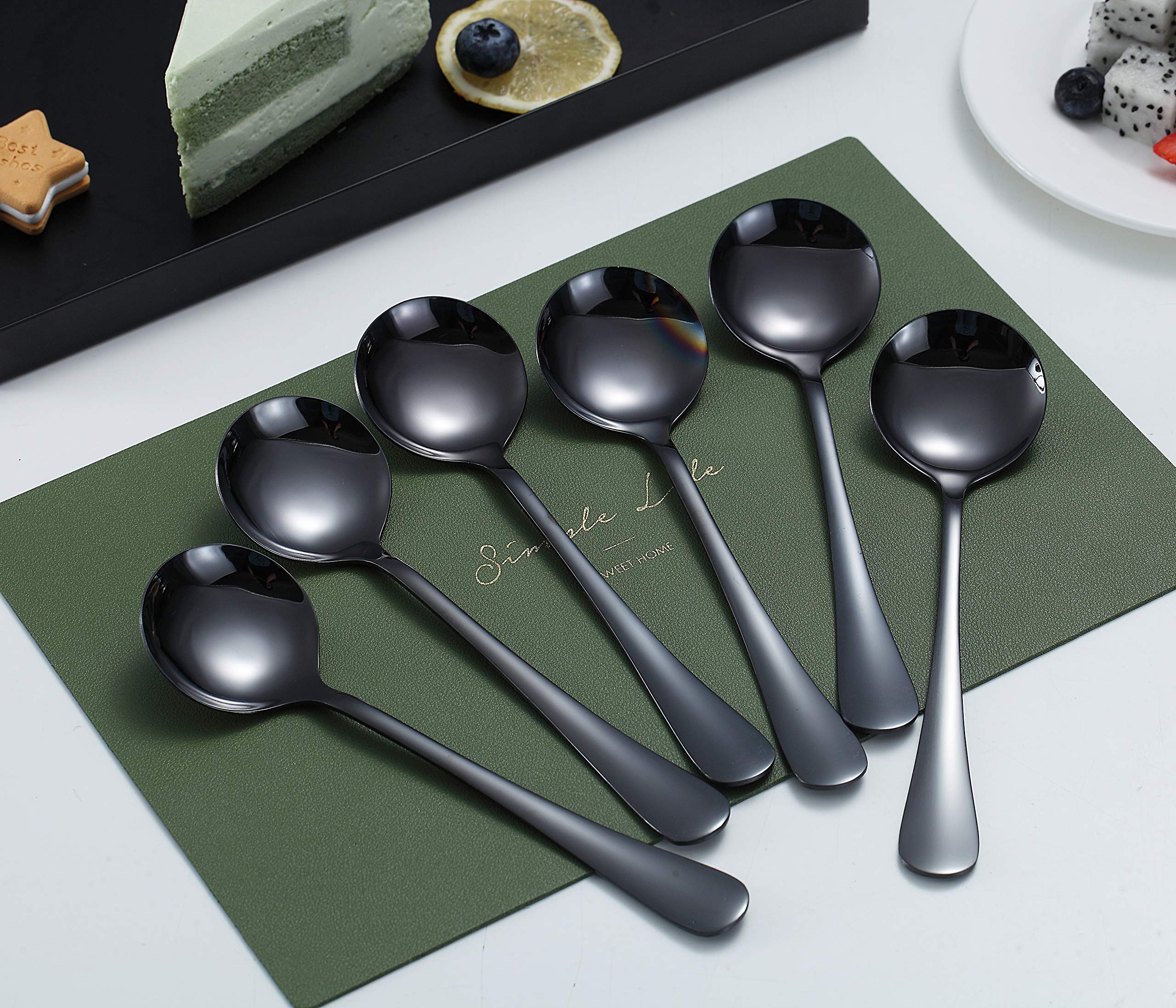 Black Soup Spoons, Kyraton 6 Pieces Stainless Steel Round Spoons With Black Titanium Plating, Black Dinner Spoon Table Spoon, Spoons Silverware Dishwasher Safe Set of 6