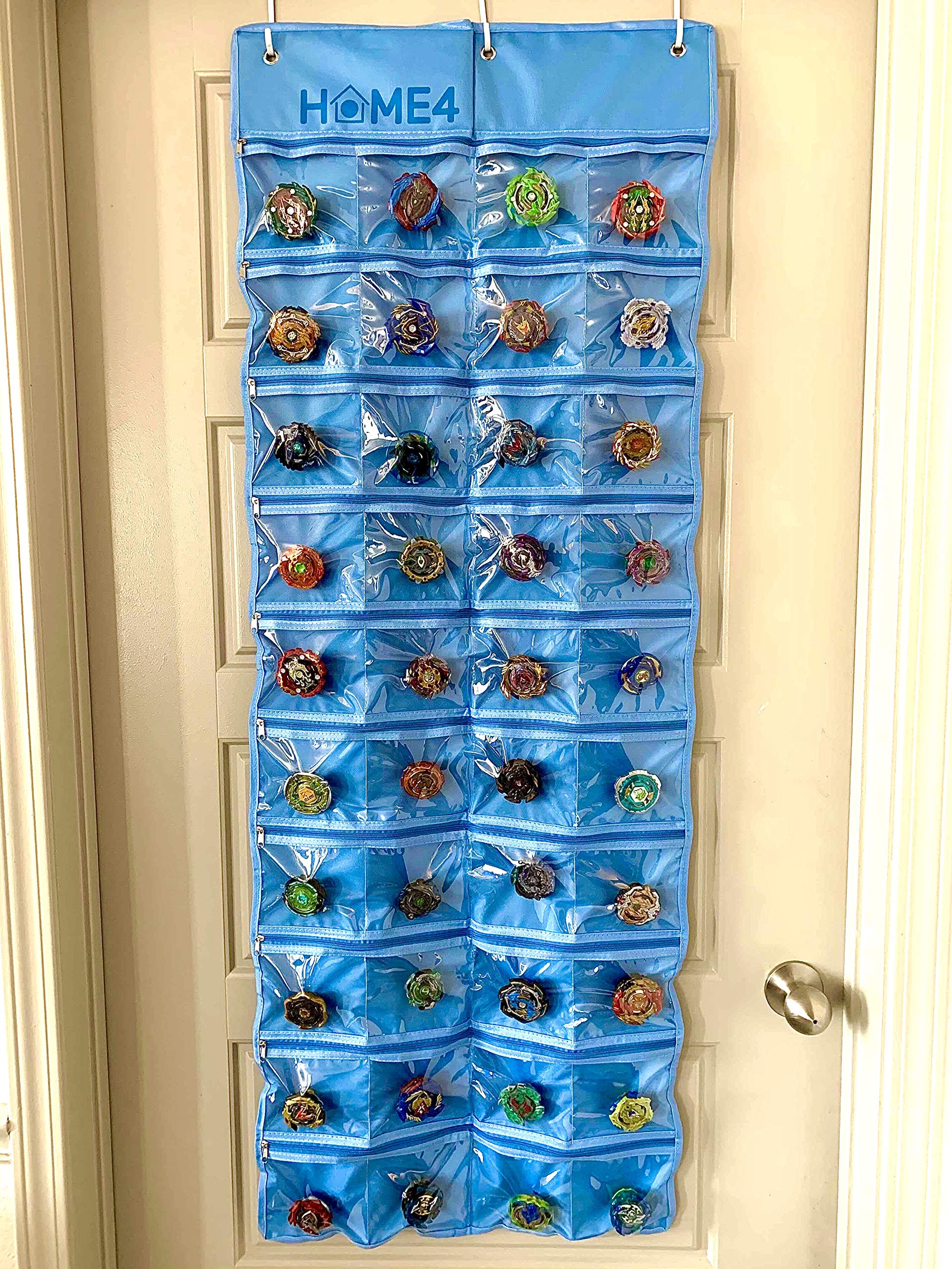 HOME4 Toy Hanging Over The Door Storage Bag - 40 Clear View Pockets - Roll Up for Easy Organizer - Save Space More Than Case Box - Compatible with Beyblade Hot Wheels and More TOYS NOT INCLUDED (Blue)