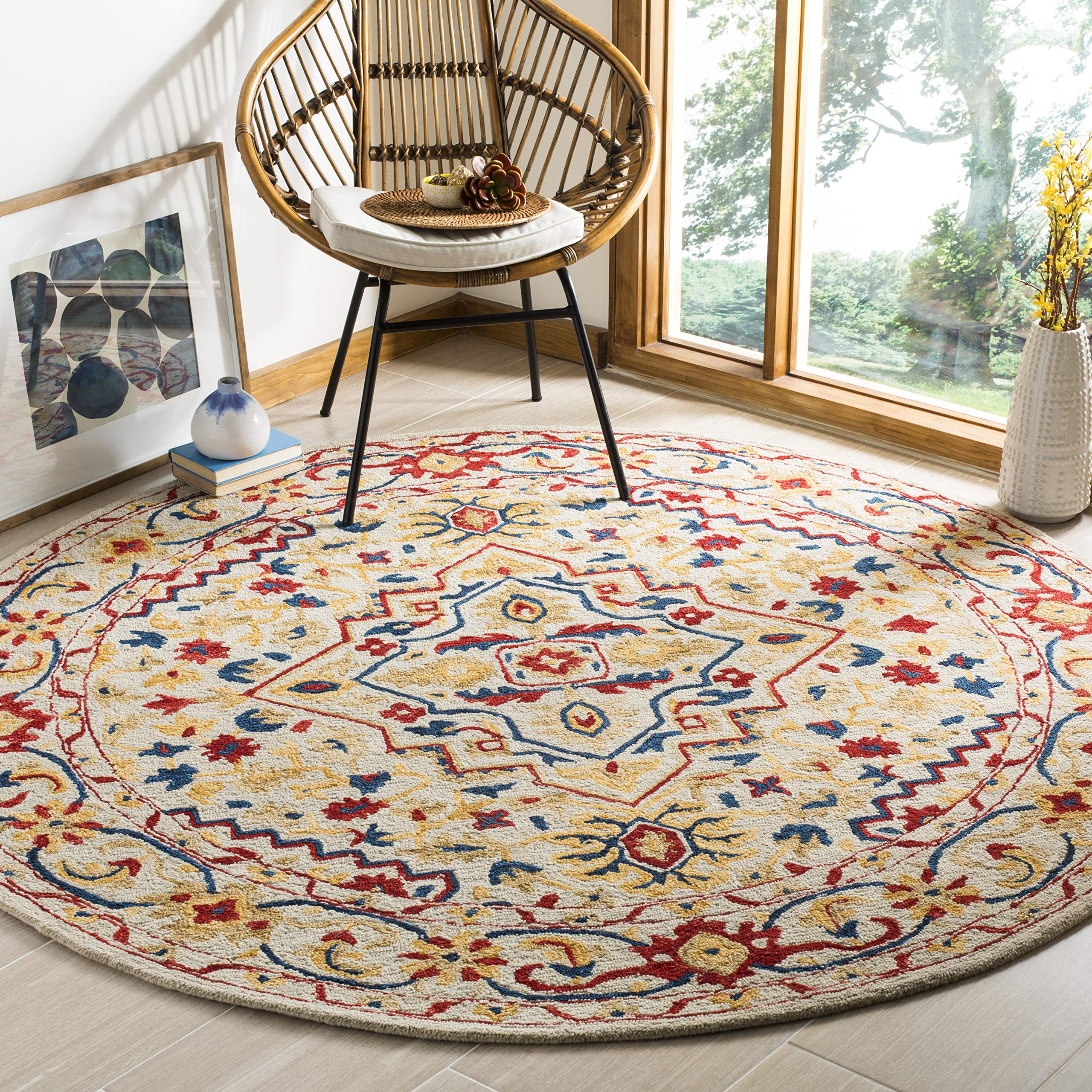 SAFAVIEH Aspen Collection Area Rug - 7' Round, Green & Red, Handmade Boho Medallion Wool, Ideal for High Traffic Areas in Living Room, Bedroom (APN705Q)