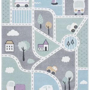 SAFAVIEH Carousel Kids Collection Area Rug - 5'3" x 7'6", Grey & Light Blue, Non-Shedding & Easy Care, Ideal for High Traffic Areas for Boys & Girls in Playroom, Nursery, Bedroom (CRK193F)