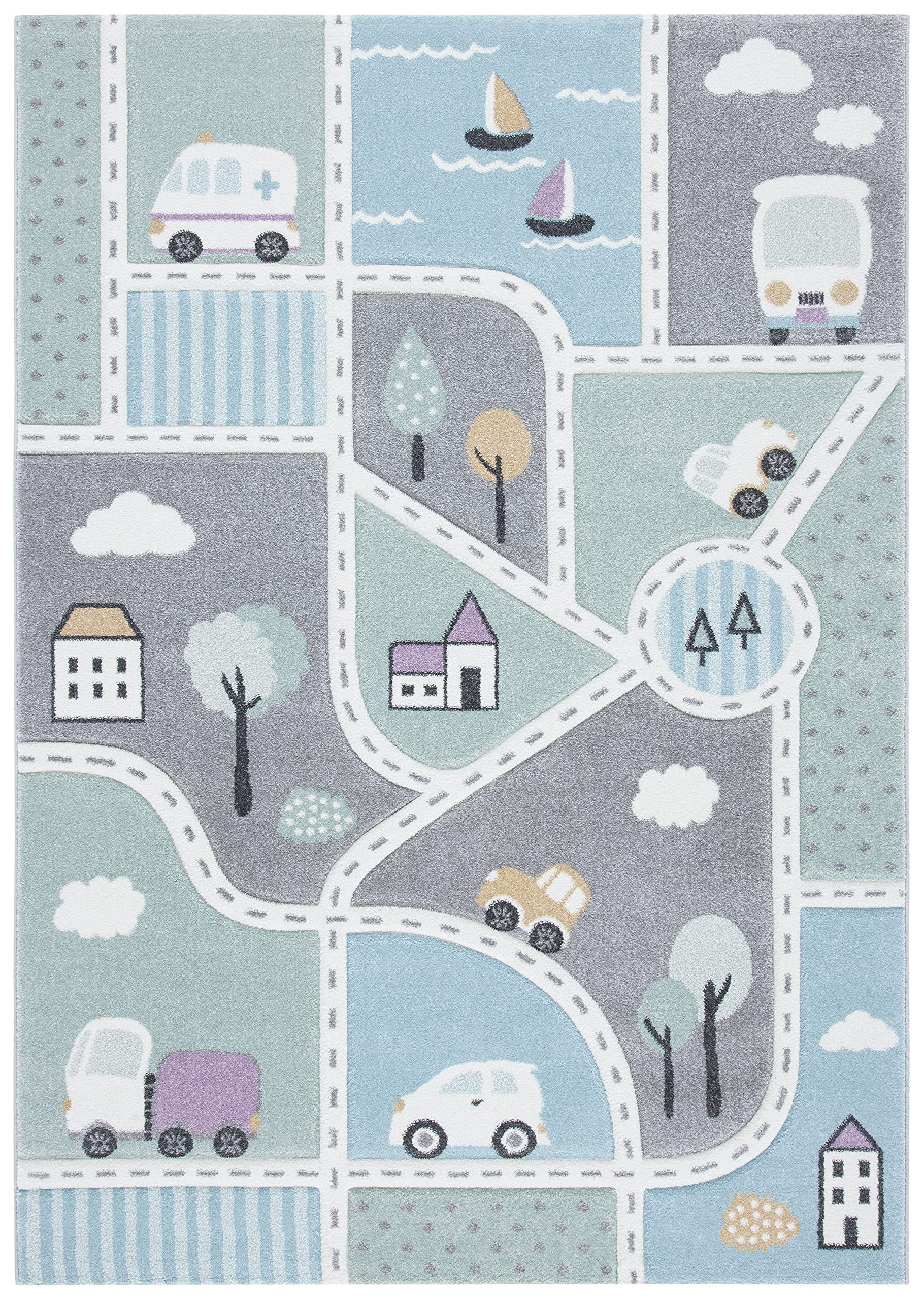 SAFAVIEH Carousel Kids Collection Area Rug - 5'3" x 7'6", Grey & Light Blue, Non-Shedding & Easy Care, Ideal for High Traffic Areas for Boys & Girls in Playroom, Nursery, Bedroom (CRK193F)