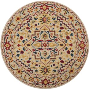 SAFAVIEH Aspen Collection Area Rug - 7' Round, Green & Red, Handmade Boho Medallion Wool, Ideal for High Traffic Areas in Living Room, Bedroom (APN705Q)