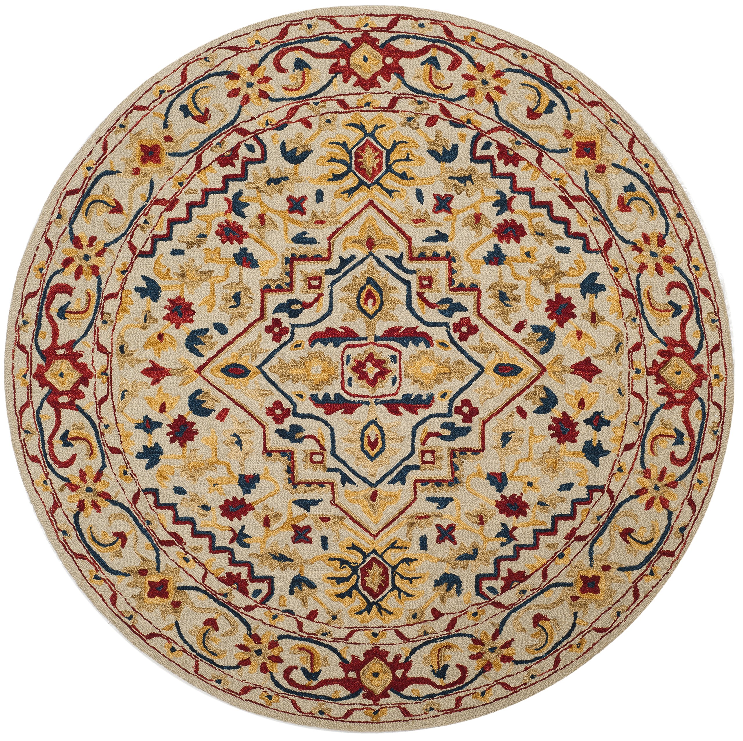 SAFAVIEH Aspen Collection Area Rug - 7' Round, Green & Red, Handmade Boho Medallion Wool, Ideal for High Traffic Areas in Living Room, Bedroom (APN705Q)