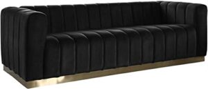 meridian furniture 603black-s marlon collection modern | contemporary velvet upholstered sofa with deep channel tufting, stainless steel base in a brushed gold finish, black, 86.5" w x 34" d x 28" h