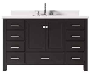 ariel bathroom vanity 55" inch in espresso with pure white quartz countertop, rectangular sink, 2 soft closing doors and 9 full extension dovetail drawers, no mirror