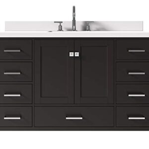 ARIEL Bathroom Vanity 55" Inch in Espresso with Pure White Quartz Countertop, Rectangular Sink, 2 Soft Closing Doors and 9 Full Extension Dovetail Drawers, No Mirror