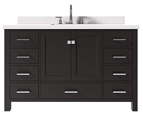 ARIEL Bathroom Vanity 55" Inch in Espresso with Pure White Quartz Countertop, Rectangular Sink, 2 Soft Closing Doors and 9 Full Extension Dovetail Drawers, No Mirror