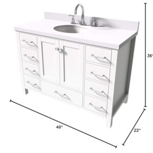 ARIEL Bathroom Vanity 49" Inch in White with Pure White Quartz Countertop, Oval Sink, 2 Soft Closing Doors and 9 Full Extension Dovetail Drawers, No Mirror