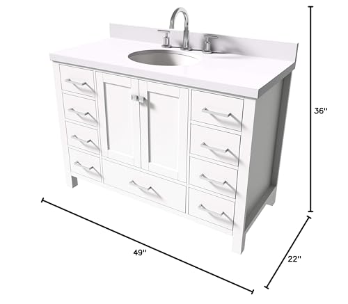 ARIEL Bathroom Vanity 49" Inch in White with Pure White Quartz Countertop, Oval Sink, 2 Soft Closing Doors and 9 Full Extension Dovetail Drawers, No Mirror