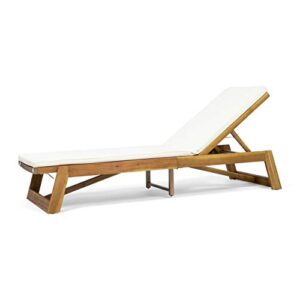 Christopher Knight Home Eugene Outdoor Acacia Wood 3 Piece Chaise Lounge Set, Teak Finish, Yellow, Cream