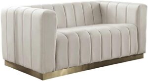 meridian furniture 603cream-l marlon collection modern | contemporary velvet upholstered loveseat with deep channlel tufting and brushed gold finish, cream, 62.5" w x 34" d x 28" h