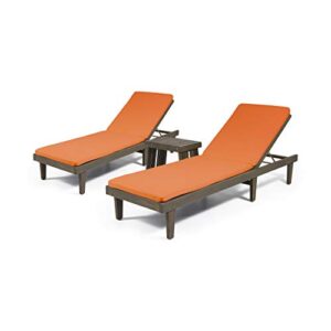 christopher knight home alexander outdoor acacia wood 3 piece chaise lounge set, gray finish, rust orange