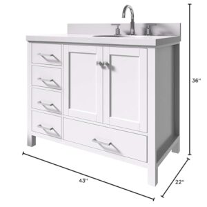 ARIEL Bathroom Vanity 43" Inch in White with Pure White Quartz Countertop, Right Offset Oval Sink 2 Soft Closing Doors and 5 Full Extension Dovetail Drawers, No Mirror