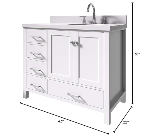 ARIEL Bathroom Vanity 43" Inch in White with Pure White Quartz Countertop, Right Offset Oval Sink 2 Soft Closing Doors and 5 Full Extension Dovetail Drawers, No Mirror