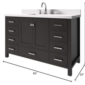 ARIEL Bathroom Vanity 55" Inch in Espresso with Pure White Quartz Countertop, Rectangular Sink, 2 Soft Closing Doors and 9 Full Extension Dovetail Drawers, No Mirror