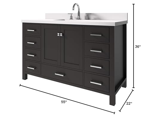 ARIEL Bathroom Vanity 55" Inch in Espresso with Pure White Quartz Countertop, Rectangular Sink, 2 Soft Closing Doors and 9 Full Extension Dovetail Drawers, No Mirror