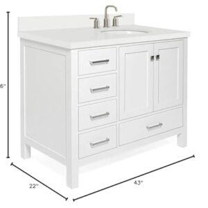 ARIEL Cambridge 43 Inch White Bathroom Vanity with Sink, 1.5" Edge Quartz Countertop, Solid Wood, Right Oval Sink, 2 Soft Closing Doors, 5 Full Extension Dovetail Drawers