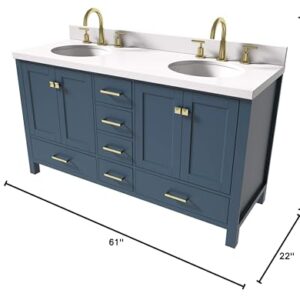 ARIEL Double Bathroom Vanity 61" Inch in Midnight Blue with Pure White Quartz Countertop, Oval Sinks, 4 Soft Closing Doors and 6 Full Extension Dovetail Drawers, No Mirror