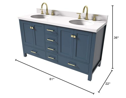 ARIEL Double Bathroom Vanity 61" Inch in Midnight Blue with Pure White Quartz Countertop, Oval Sinks, 4 Soft Closing Doors and 6 Full Extension Dovetail Drawers, No Mirror