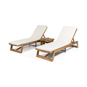 christopher knight home eugene outdoor acacia wood 3 piece chaise lounge set, teak finish, yellow, cream