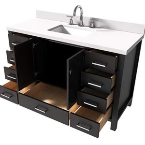 ARIEL Bathroom Vanity 55" Inch in Espresso with Pure White Quartz Countertop, Rectangular Sink, 2 Soft Closing Doors and 9 Full Extension Dovetail Drawers, No Mirror