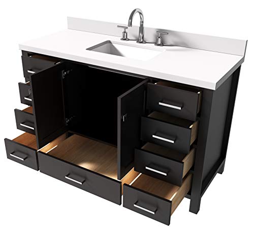 ARIEL Bathroom Vanity 55" Inch in Espresso with Pure White Quartz Countertop, Rectangular Sink, 2 Soft Closing Doors and 9 Full Extension Dovetail Drawers, No Mirror