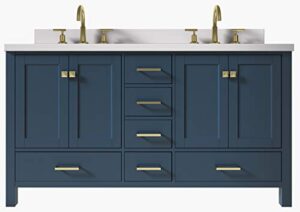 ariel double bathroom vanity 61" inch in midnight blue with pure white quartz countertop, oval sinks, 4 soft closing doors and 6 full extension dovetail drawers, no mirror