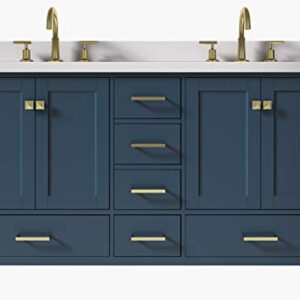 ARIEL Double Bathroom Vanity 61" Inch in Midnight Blue with Pure White Quartz Countertop, Oval Sinks, 4 Soft Closing Doors and 6 Full Extension Dovetail Drawers, No Mirror