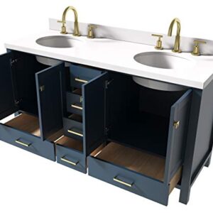 ARIEL Double Bathroom Vanity 61" Inch in Midnight Blue with Pure White Quartz Countertop, Oval Sinks, 4 Soft Closing Doors and 6 Full Extension Dovetail Drawers, No Mirror