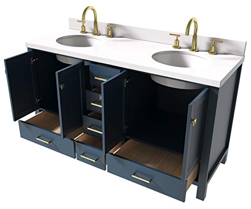 ARIEL Double Bathroom Vanity 61" Inch in Midnight Blue with Pure White Quartz Countertop, Oval Sinks, 4 Soft Closing Doors and 6 Full Extension Dovetail Drawers, No Mirror